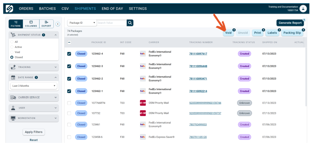 Shipments Page - Voiding or UnVoiding
